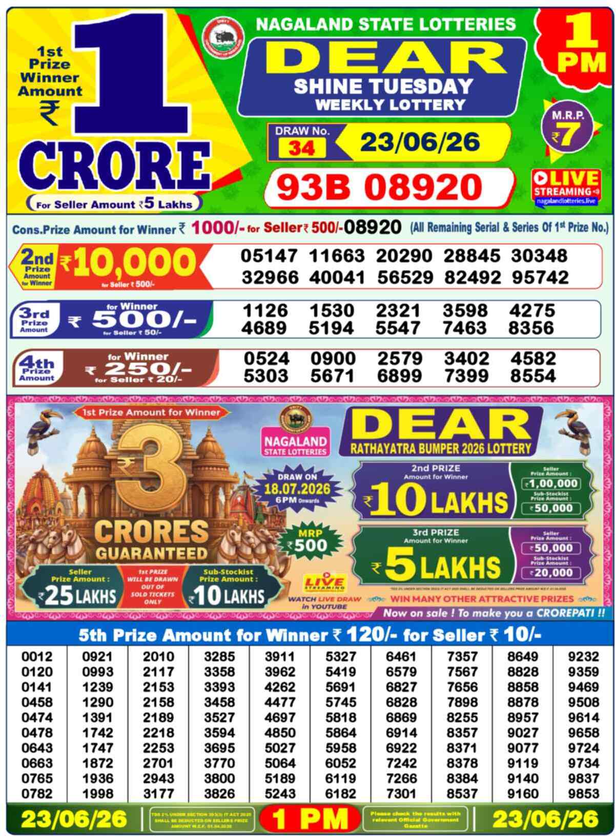 Dear Lottery Result Today 1 PM