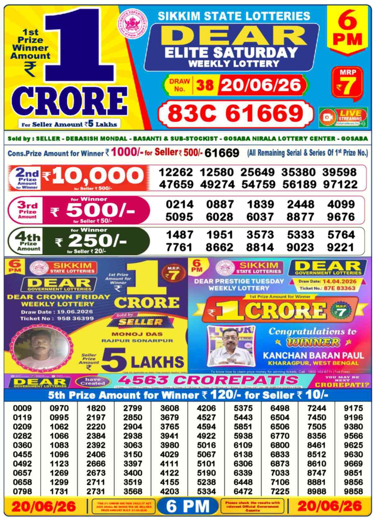 Dear Lottery Result Today 6 PM