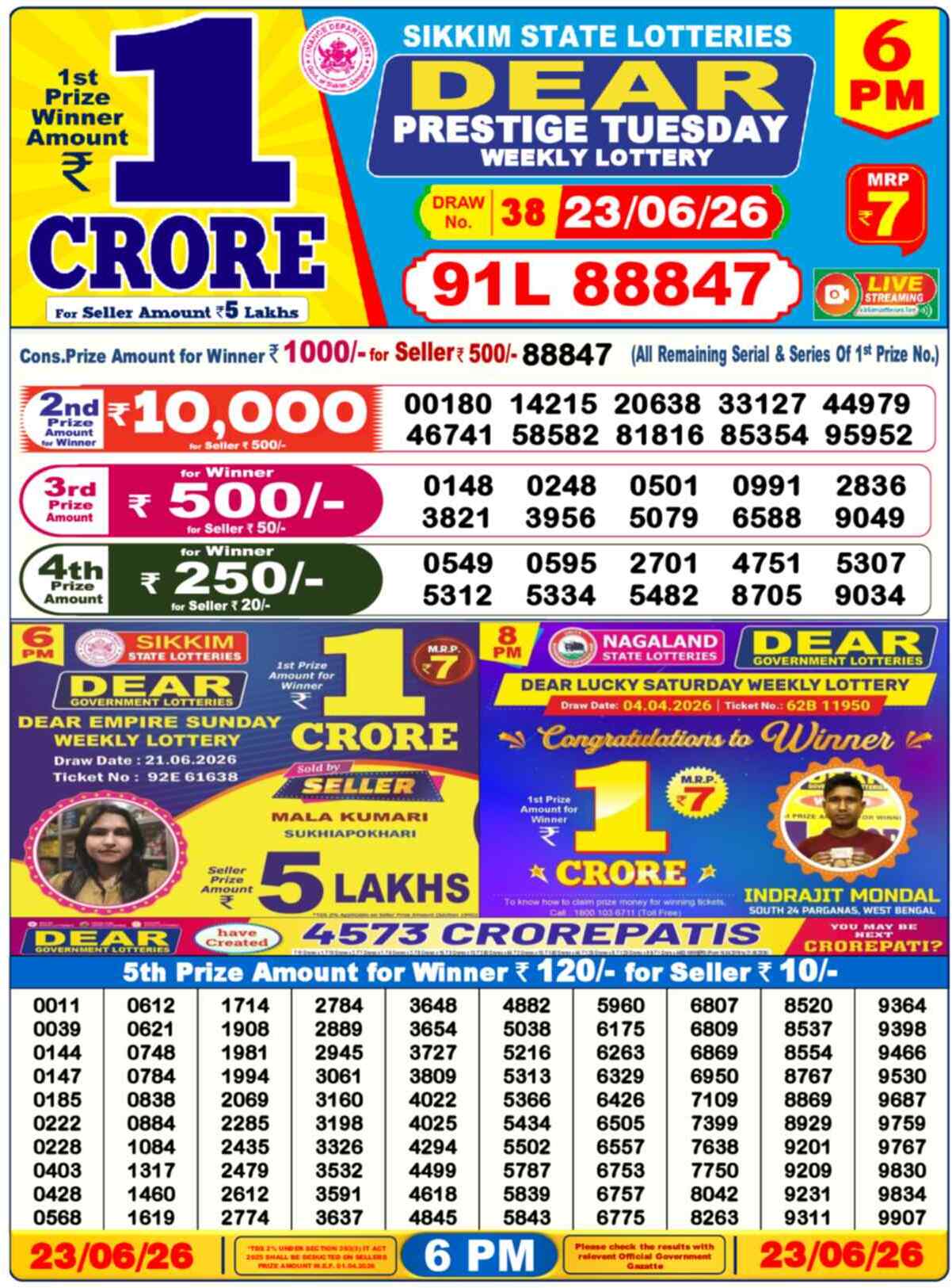 Dear Lottery Result Today 6 PM
