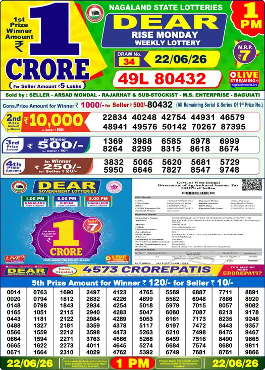 Dear Lottery Result Today 1 PM